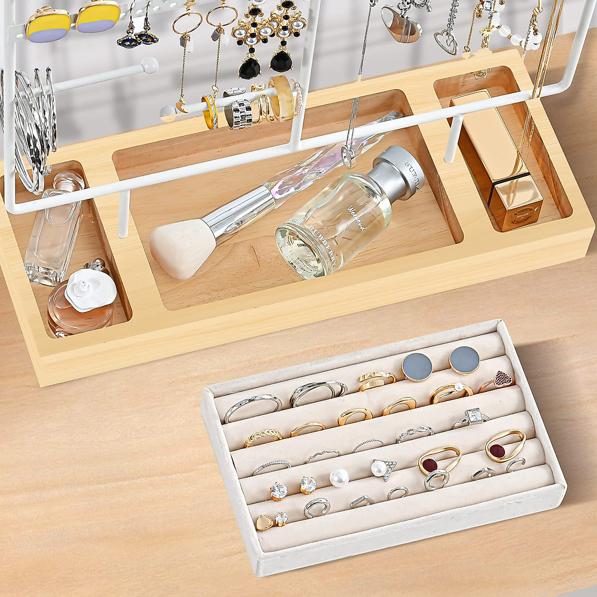 ProCase Jewelry Organizer Stand Earring Holder Organizer, 6 Tiers Earring Organizer Tree Necklace Rack Jewellery Tower Bracelets Holder Storage with Removable Wooden Ring Tray for Women Girls -White
