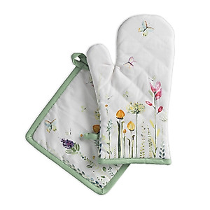 Maison d' Hermine Botanical Fresh Bundle Set 100% Cotton Apron (27.50" by 31.50") Set of 3 Kitchen Towels (20" by 27.5") and Oven Mitt (7.5" by 13")/Pot Holder (8" by 8")