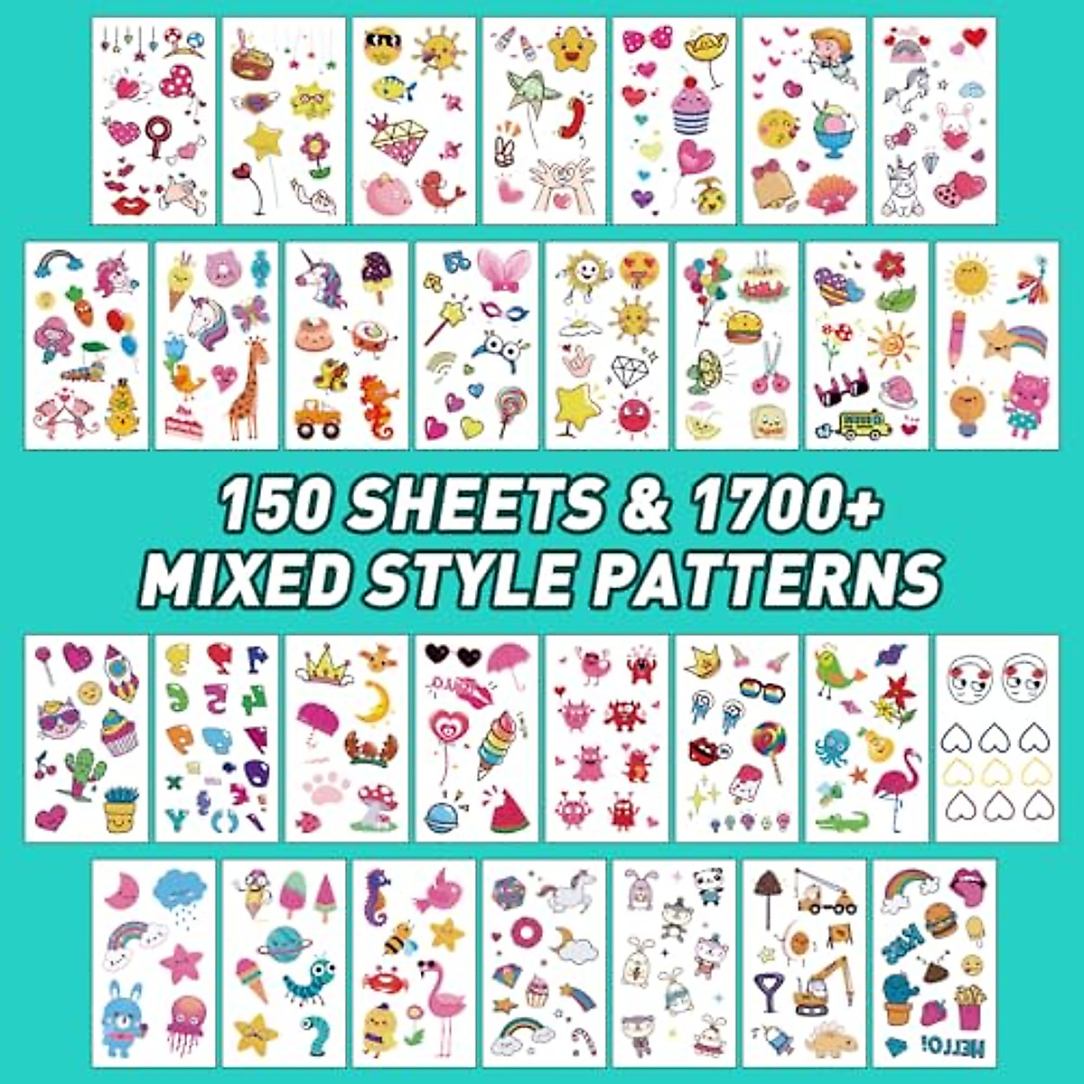 Metker Tattoos for Kids - 150 Sheets(1700 Mixed Styles Patterns) | Temporary Tattoos Stickers for Girls and Boys | Goody Bag Favor for Parties | Non-toxic、Skin-Safe*、Cosmetic-Grade
