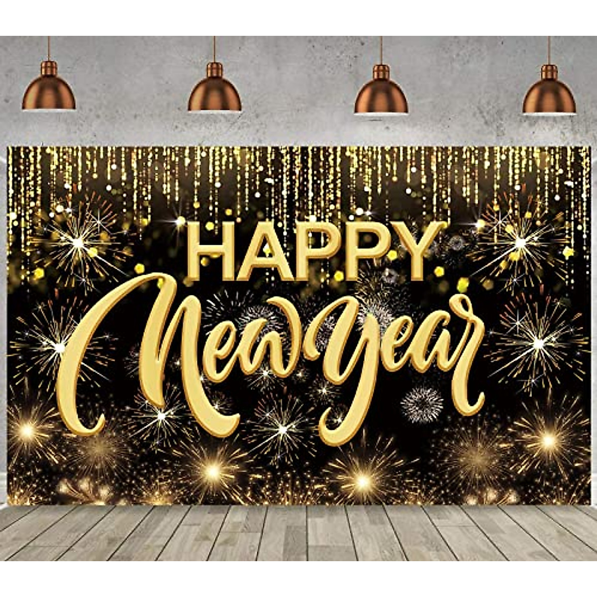 Happy New Year Hanging Extra Large Fabric Sign Poster Background Banner with Firework Pattern for New Year Party Decorations