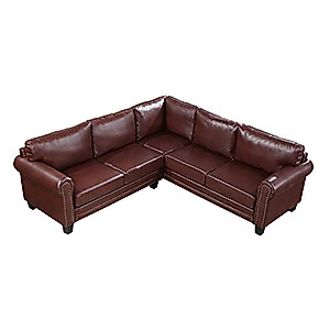 DHHU Mid-Century Sectional Corner Sofa L-Shape Scroll Arms & Rivet Ornament for Large Space Dorm, Living Room Apartment Office Furniture, Brown Couch