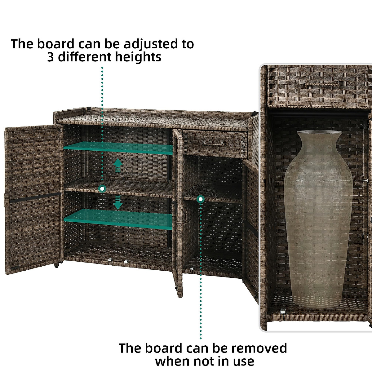 YITAHOME Outdoor Storage Cabinet, Weather-proof Rattan Bar Table with Two Doors, Adjustable Shelves & Foldable Drawer, Wicker Patio Storage Box for Outdoor Cushions, Pool Toys and Garden Tools - Brown