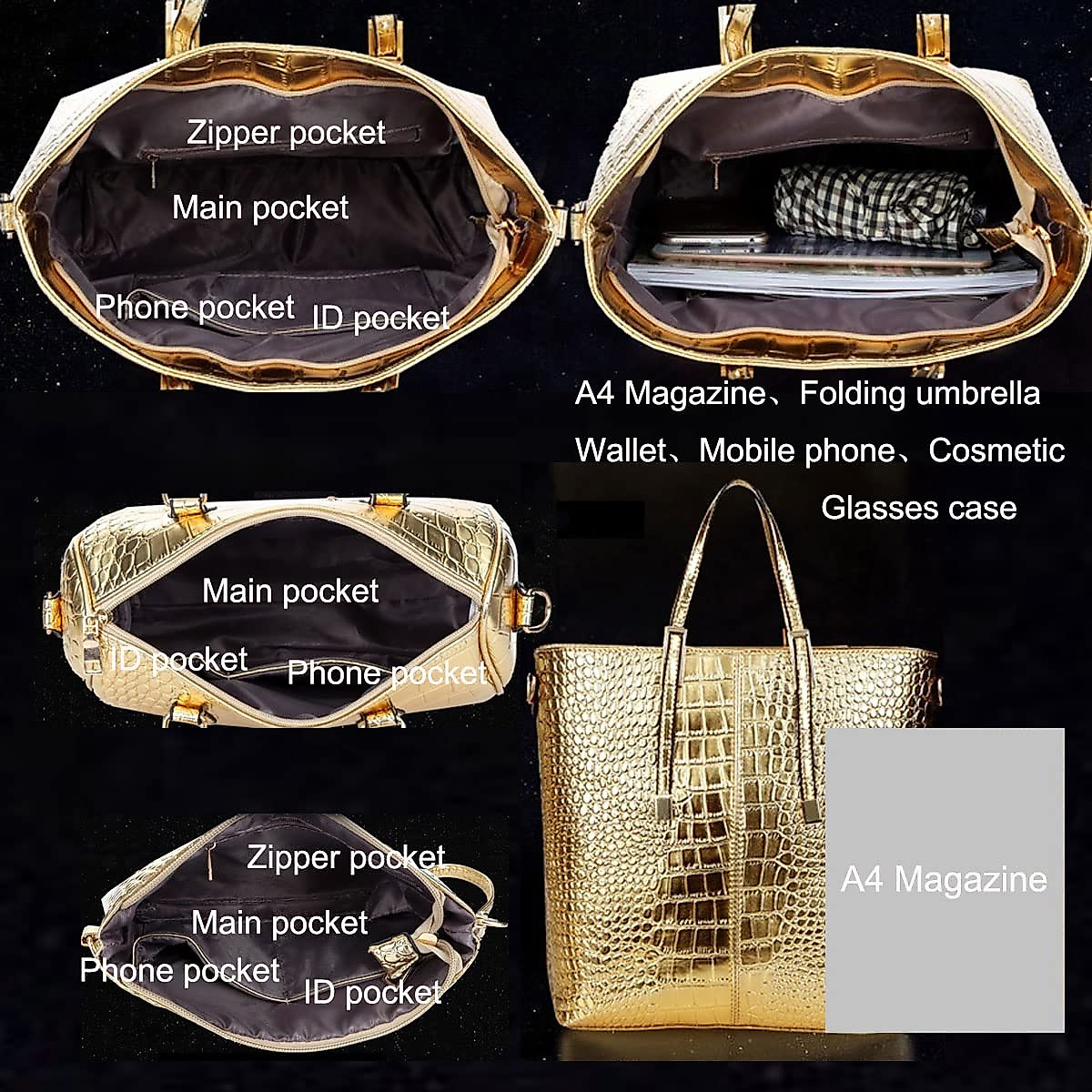 XingChen 3-PC Women PU Handbag+Shoulder Bag+Clutch Crocodile Pattern Top Handle Fashion Satchel Tote Purse Black