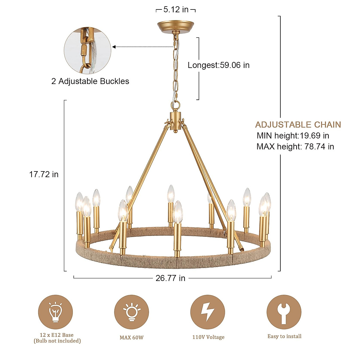 ASHUAQI Gold Wagon Wheel Chandelier 12 Light Modern Farmhouse Round Chandeliers for Dining Room Rustic Vintage Pendant Light Fixtures for High Ceilings Living Room Foyer Entryway