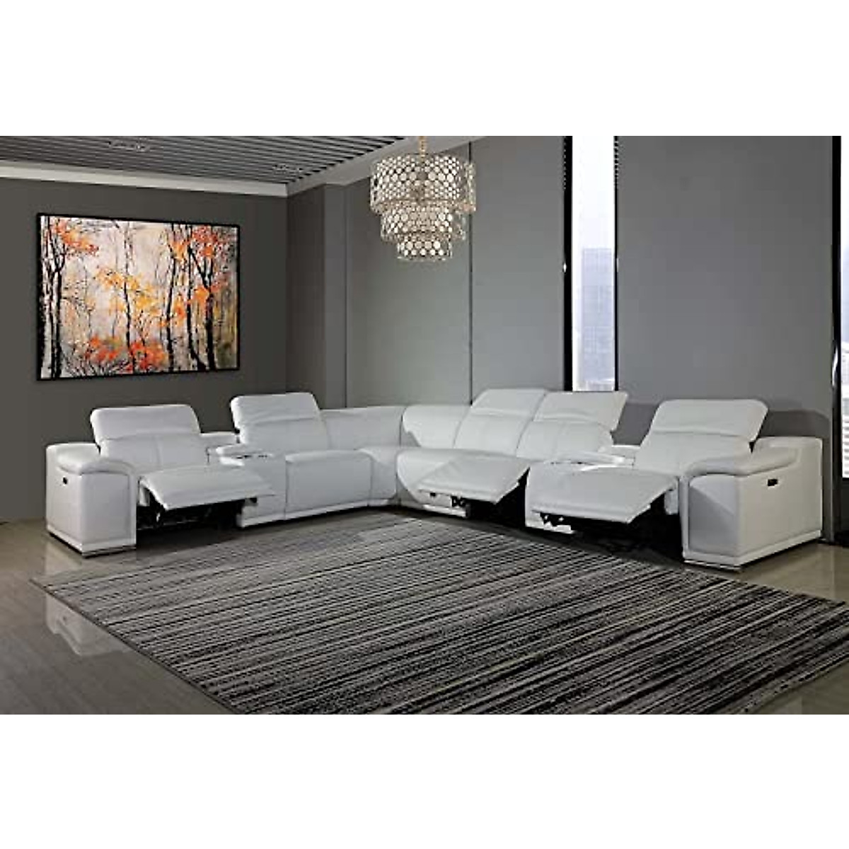 Blackjack Furniture Venice 8 Piece Sectional Sofa with 3-Power Recliners, Features Adjustable Headrest, Lumbar Support, USB and Wireless Charging Station, Extra Large Storage, 1 Console, White