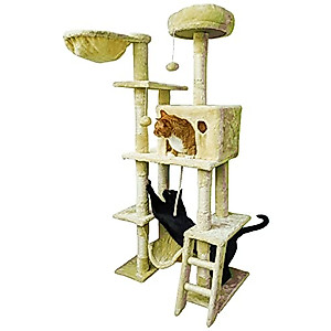 Beige Cat Tree Tower for Indoor Cats & Kittens, 57" Tall Multi-Level with Comfy Perch & Basket, Hideaway Condo, Sisel Scratcher Posts & Ladder, Ball Toys, & Dangling Rope - by SciencePurchase
