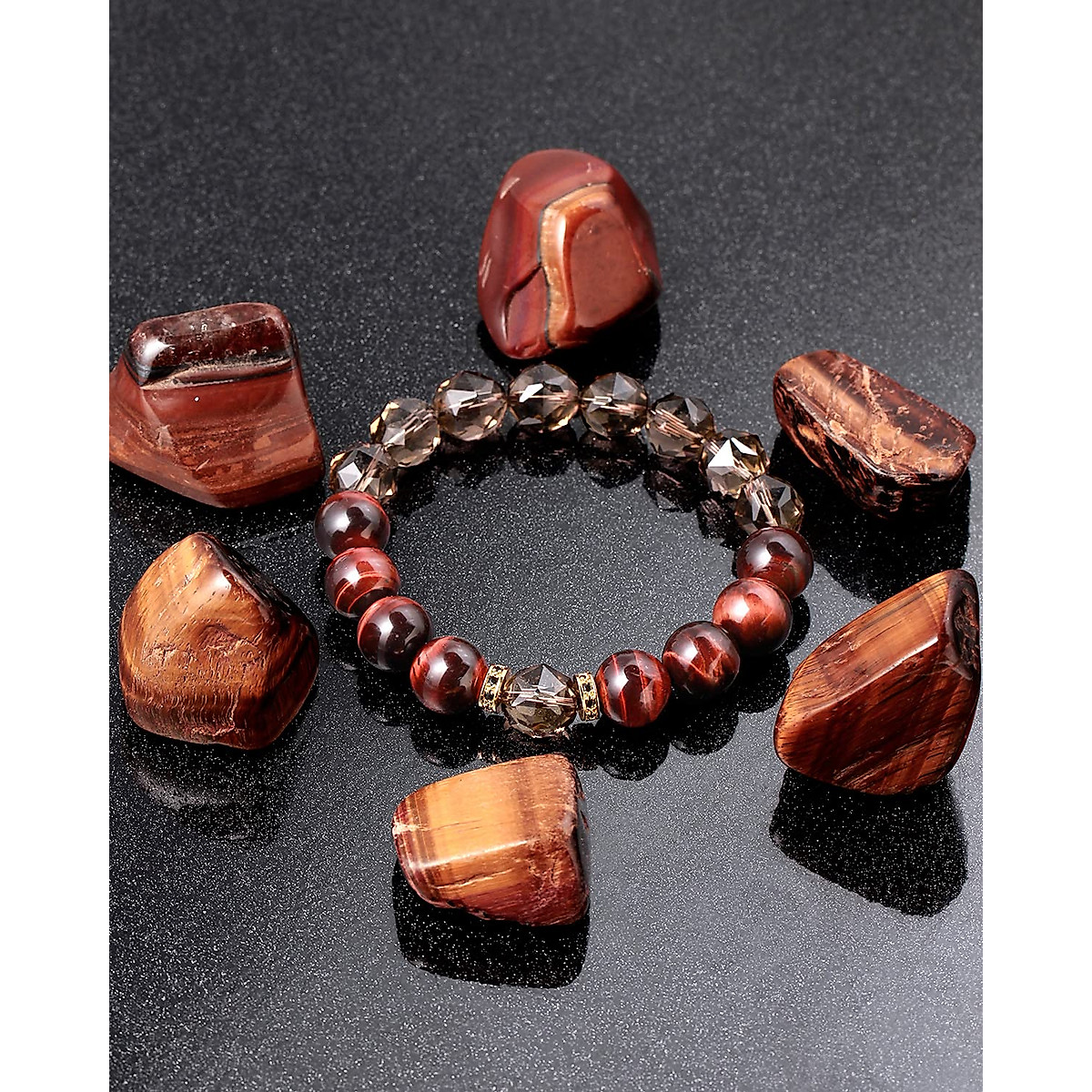 Jewever Natural Smoky Quartz Crystals with Red Tiger Eye Bracelets for Men Women Amulet Energy Healing Bring Wealth Prosperity Lucky Beads Jewelry Gifts Unisex