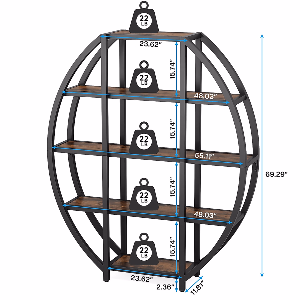 Tribesigns Etagere Bookcase, 5 Tiers Large Tall Oval Bookshelf, Industrial Wood Bookshelves Display Open Shelf Organizer for Living Room, Bedroom, Home Office