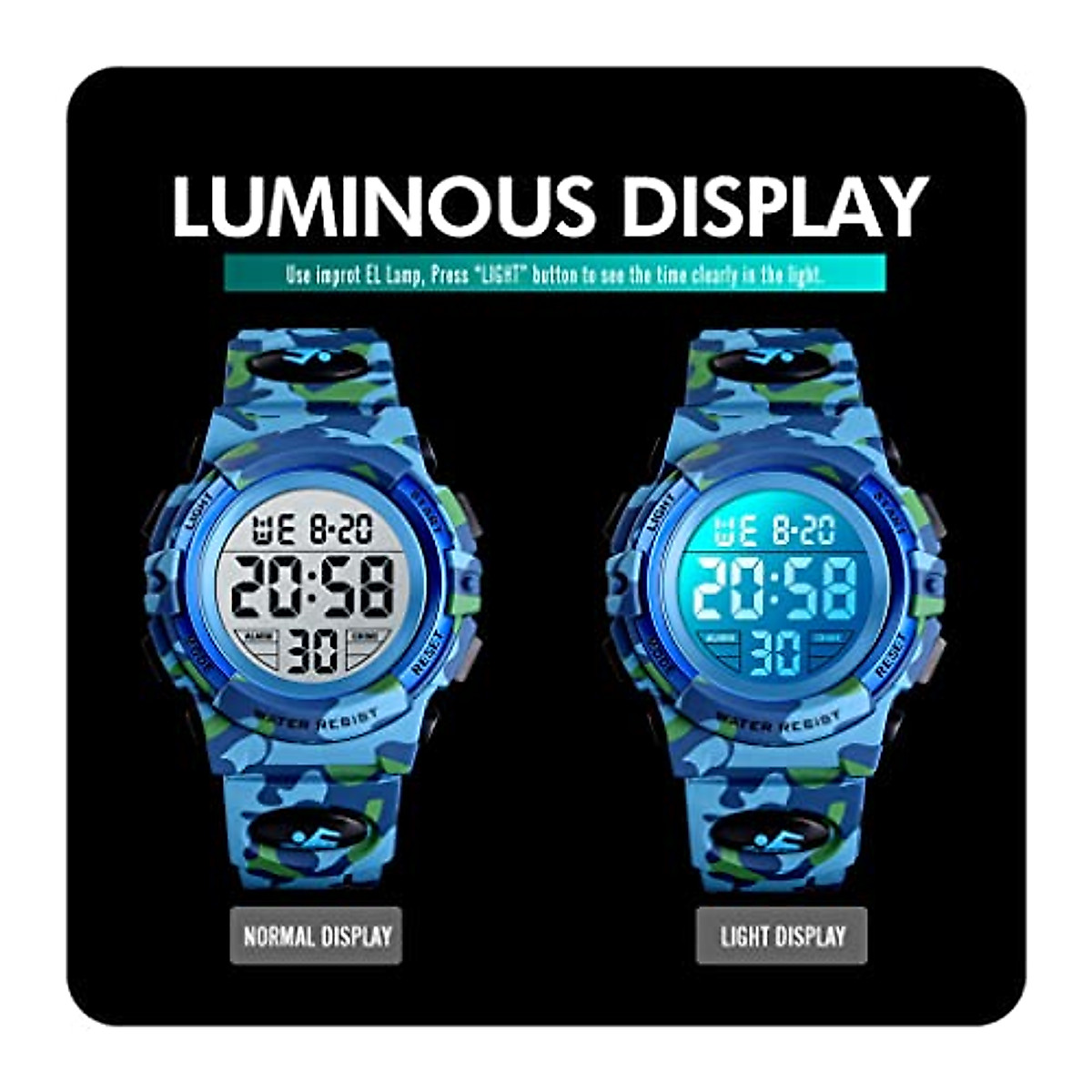 Dayllon Boys Watch Digital Sports 50M Waterproof Watches Boys Girls Children Analog Quartz Wristwatch with Alarm - Camo Blue
