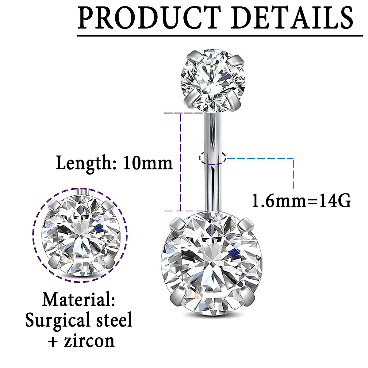 7pcs 14G Surgical Steel Clear CZ Belly Button Rings Navel Rings Barbell Piercing Style_GHT-875-638