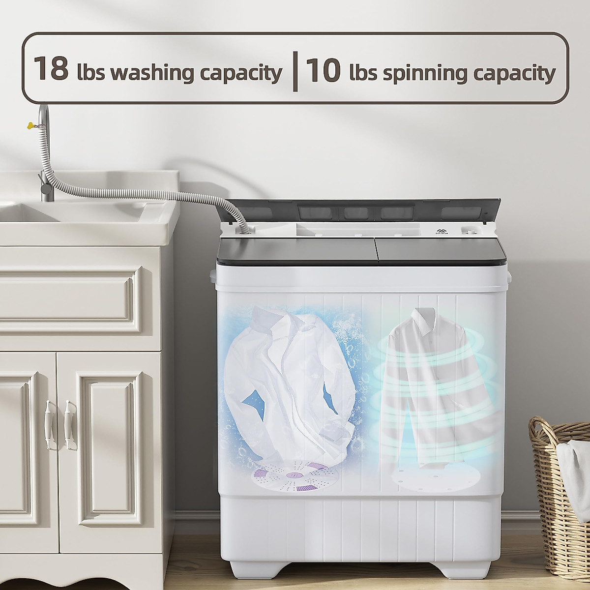 Elevon Portable Washing machine, 28lbs Mini Compact Laundry Washing Machine, Twin Tub 18lbs Washer & 10lbs Spinner Combo, Clothes Washer Machine with Drain Pump for Apartment, Dormitory and RVs