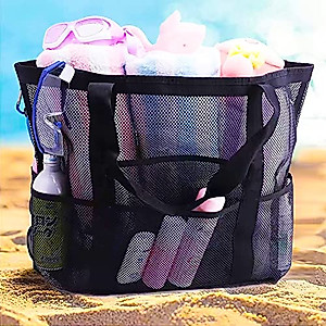 ZB.soar Mesh Beach Bags,9 Pockets Beach Bag, Large Beach Tote Swim Bags Pool Bag with Pockets (Sky Blue)