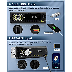 Single Din Car Stereo - Multimedia Bluetooth Audio and Hands-Free Calling, Built-in Mic, MP3 Player, No CD/DVD Player, USB Playback & Charging, AUX/TF Input, FM Radio, Remote/App Control