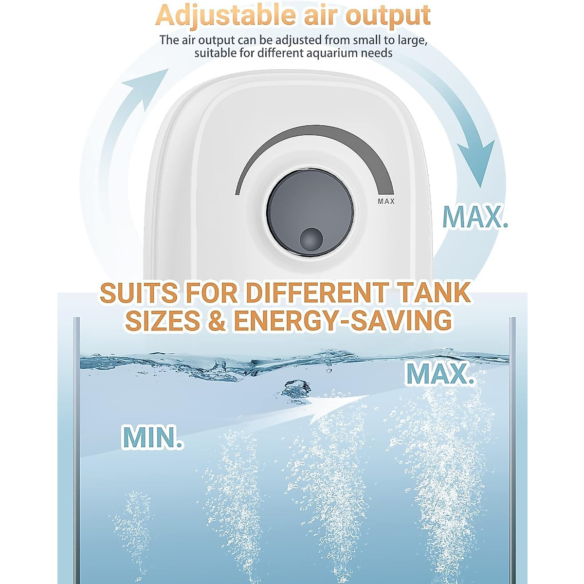 MoonOrange 3W Aquarium Air Pump, Adjustable Aquarium Aerator with 2-Outlet, Super-Powerful & Quiet Oxygen Pump for Fish Tanks up to 100 Gallon with Full Accessories.(Upgrade Noise-Reduce)