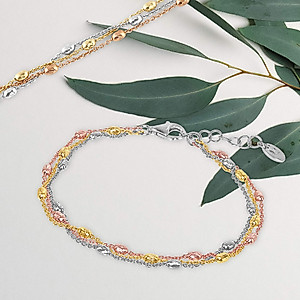 Sterling Silver Italian Tri-Color Triple Strand Oval Beaded 7+1" Bracelet Jewelry for Women or Teens