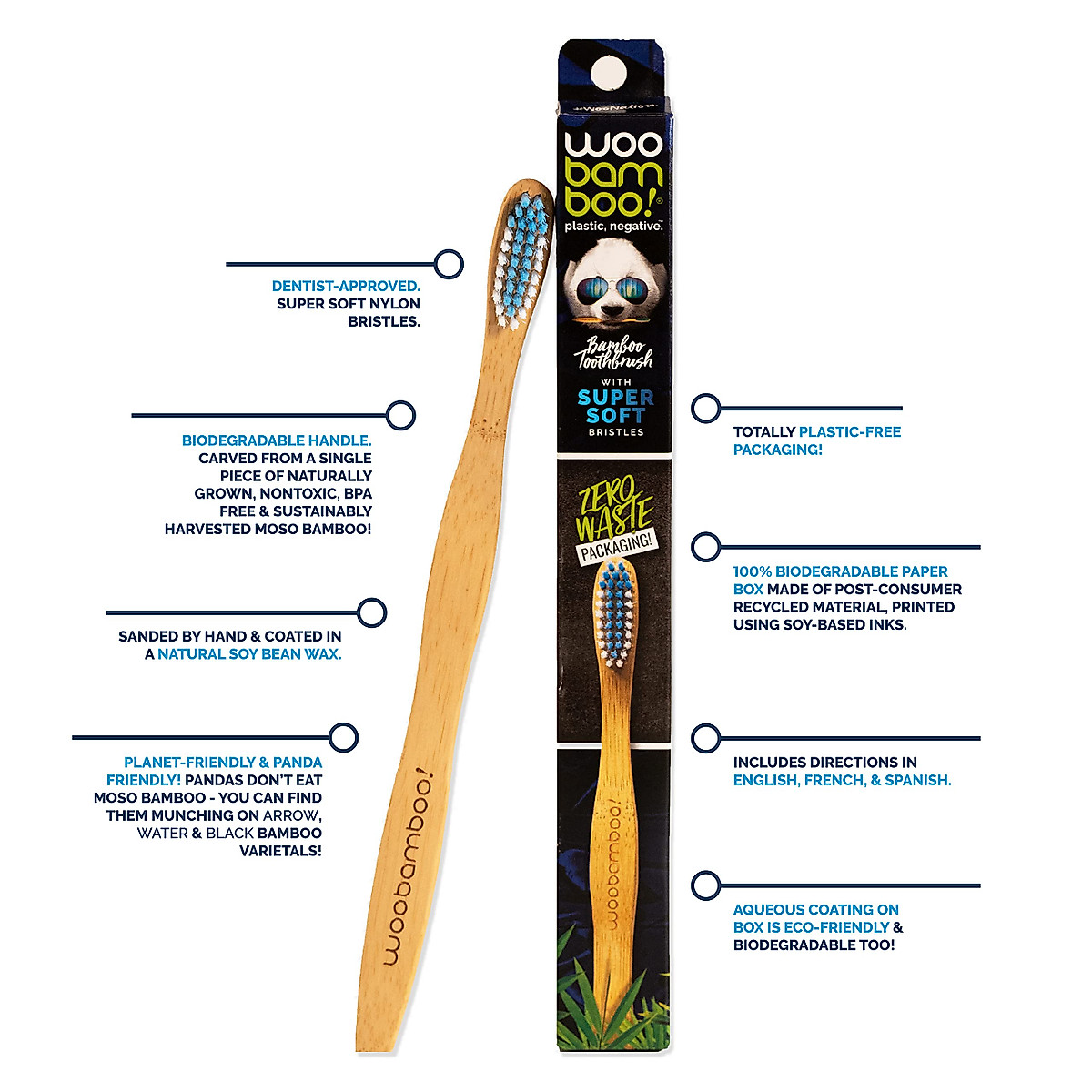 Woobamboo! Bamboo Toothbrush - Adult - Super Soft, BPA Free Nylon Bristles, Eco-Friendly, Plastic Negative, Biodegradable, Compostable, Vegan (Pack of 4)