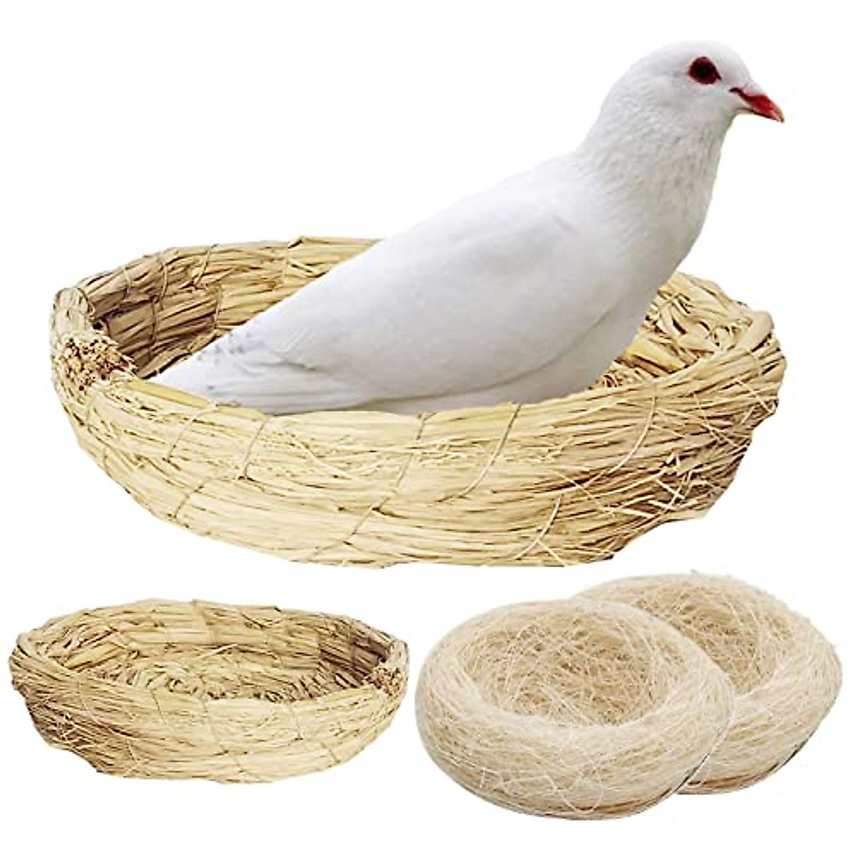 Fhiny Handmade Woven Bird Spawning Nest with Coconut Fiber Liner Flat Base Straw Bird Nest Bed Hatch Roosting for Dove Pigeon Parrot Turtle Quail Macaw Cuckoo Sparrow