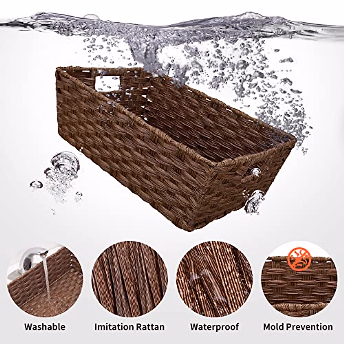 Onlytak Large Wicker Storage Basket, Metal Frame, Set of 2, Washable Waterproof, 15" x 10.3" x 5.2", Brown Color, Woven Basket for Pantry, Toilet, Bathroom, Bedroom, Patio