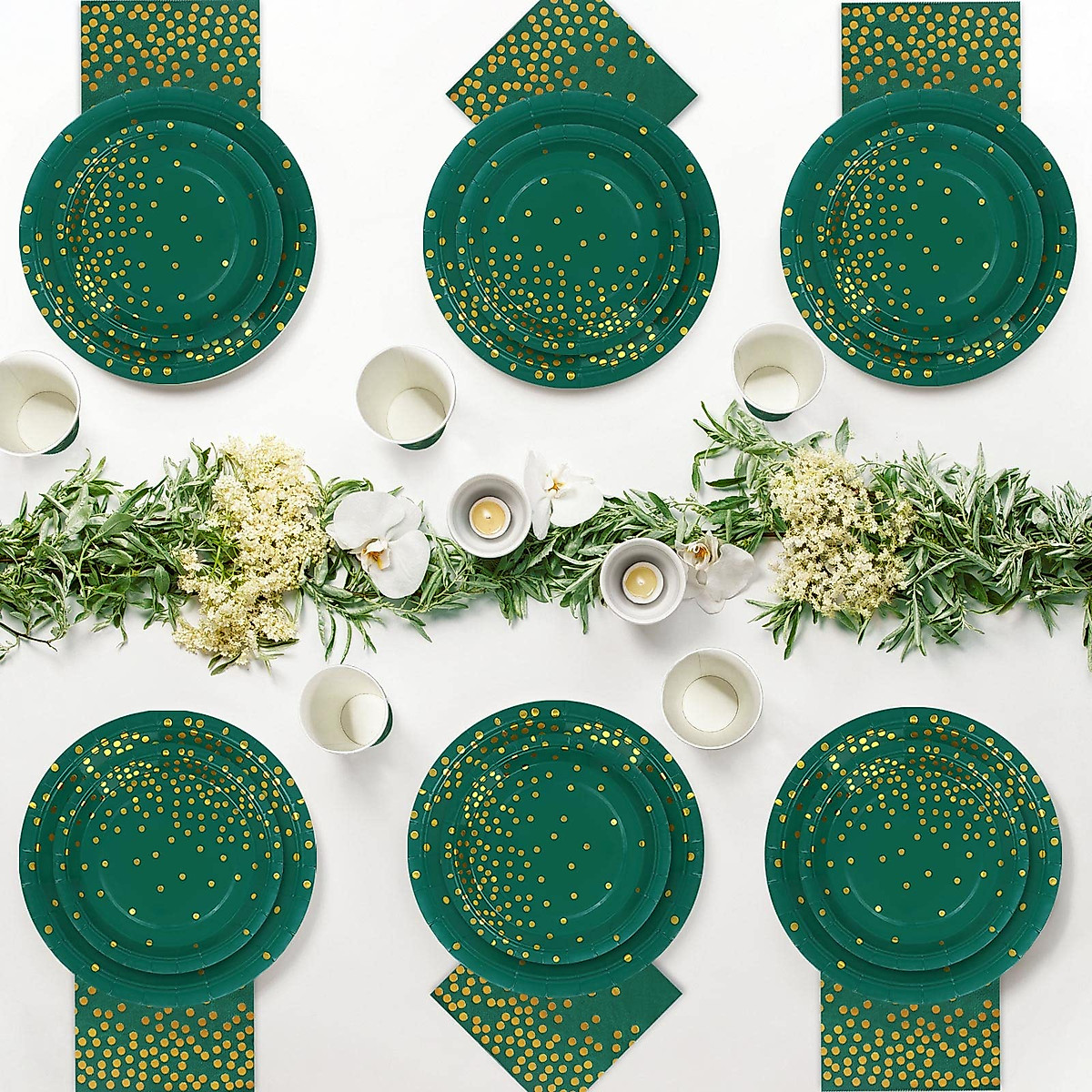 Boocikey 150 PCS Green Plates and Napkins Party Supplies,Golden Dot Green Paper Plates for 50 Guests,Green and Gold Party Decorations for Holiday Wedding Graduation Christmas Party Decorations
