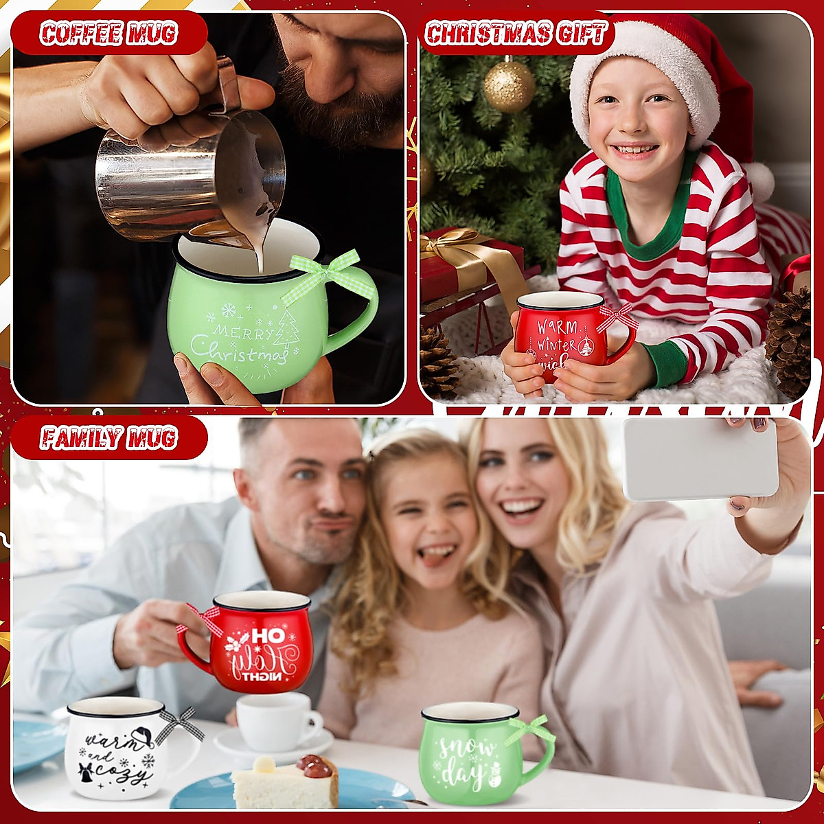 Suttmin 12 Pcs Ceramic Christmas Mugs Set 12 Oz Christmas Coffee Mugs with Ribbon Christmas Cups for Tea and Coffee Xmas Holiday Gift Tiered Tray Decor for Hot Cocoa Kitchen Table, Red, Green, White