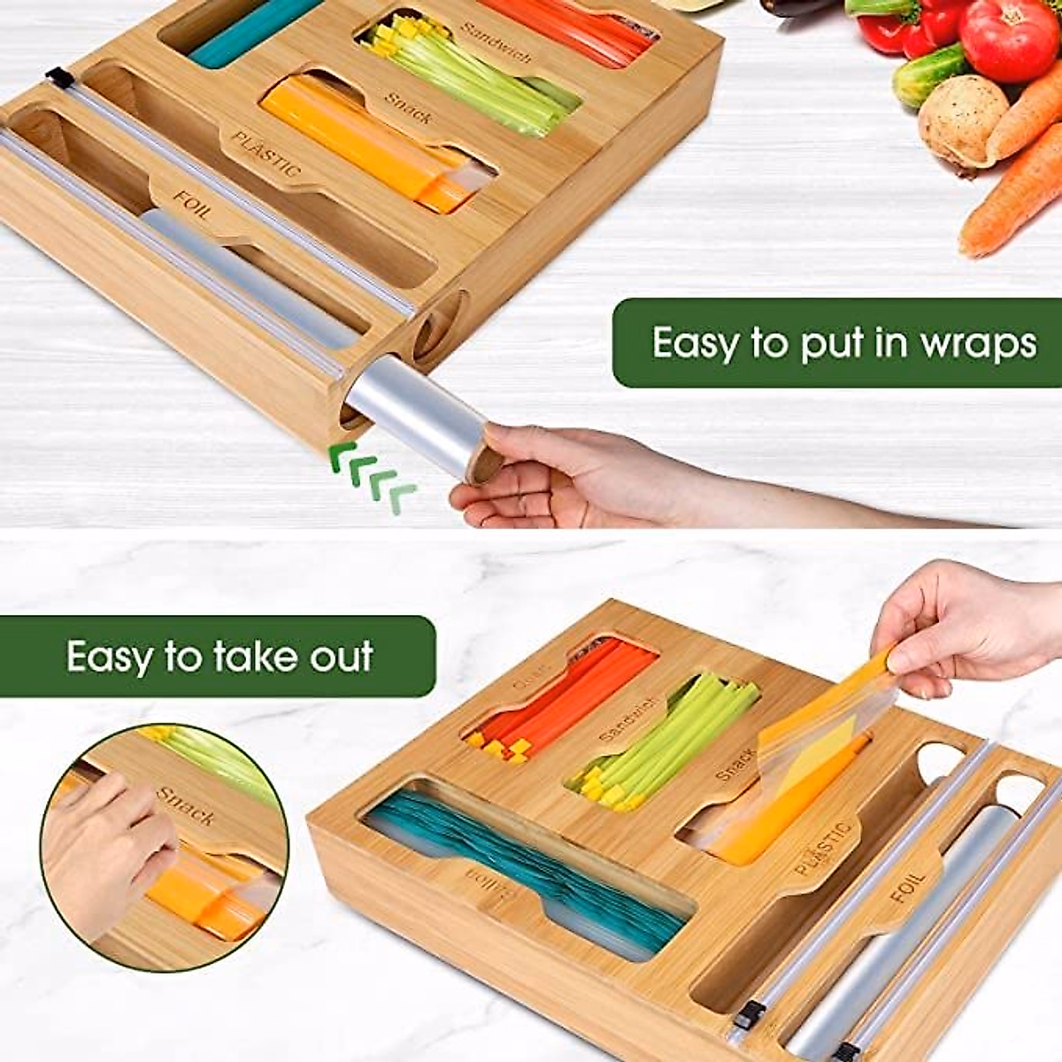 Wall Mount Ziplock Bag + Foil & Plastic Wrap Organizer - Premium Bamboo Organizer for Ziplock Bags, Foil & Plastic Wrap Dispenser | Kitchen Organization & Storage | 12" X 2.125" Standard Rolls only