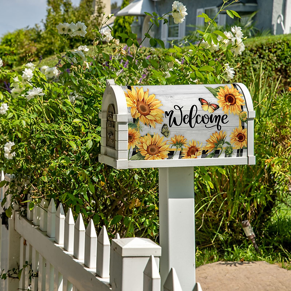 Auirre Spring Summer Welcome Mailbox Cover Magnetic Standard 21" x 18", Sunflower Butterfly Decorative Flower Buffalo Plaid Check Fall Post Letter Box Wrap Farmhouse Rustic Decor for Garden Yard