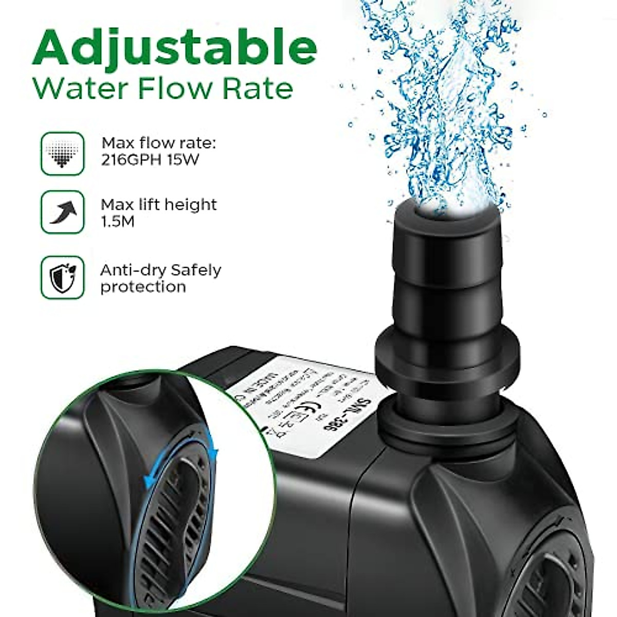 Fountain Pump with Led Lights, 220GPH 15W Submersible Water Fountain with 63" High Lift for Aquarium Fish Tank Pond Hydroponic 5.9ft Power Cord, 2 Nozzles