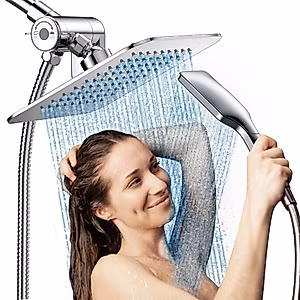 Shawilk Shower Head with Handheld, 6’’ High Pressure Rain shower Head Dual Square Shower Head Combo with 3 Spray Settings, 5ft Shower Hose, Anti-leak & Easy Installation