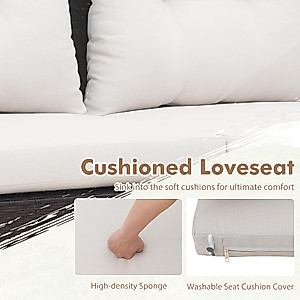 Tangkula 2 Pieces Patio Wicker Furniture Set, Heavy Duty Outdoor Cushioned Loveseat with Acacia Wood Coffee Table, for Backyard, Balcony, Deck and Poolside (Off White)