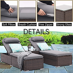 iArtHand 3 PCS Patio Chaise Lounge Outdoor Lounge Chair Patio Reclining Chair with Coffee Table Cushion&Pillow 5 Angle Adjustment PE Rattan Chair for Courtyards Poolside Garden (Coffee-D)