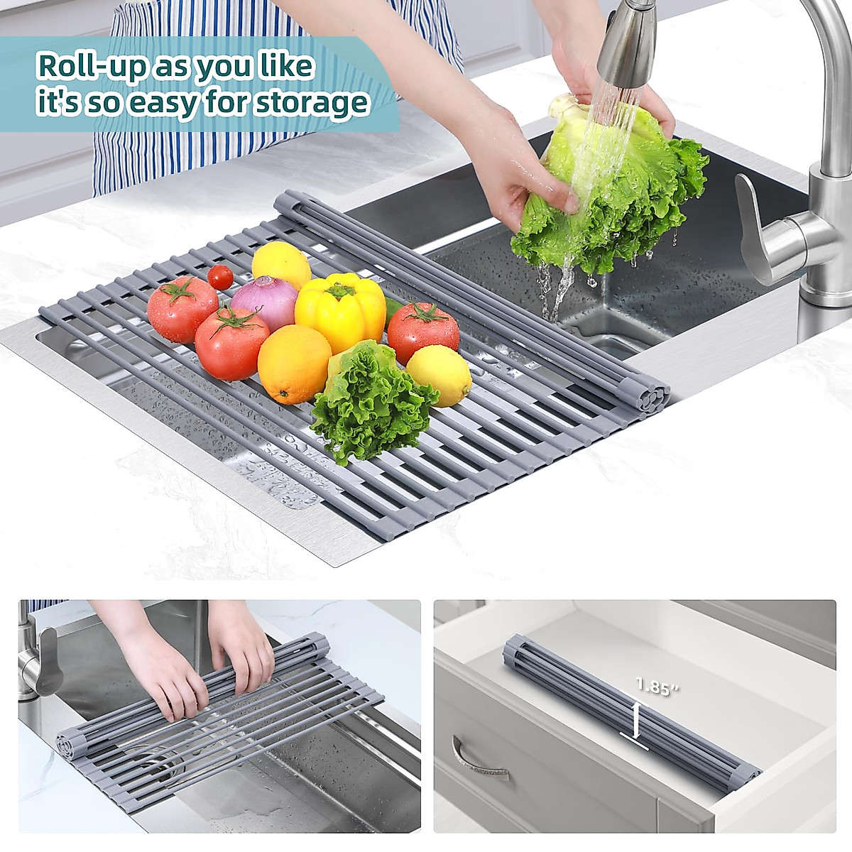 Ohuhu Over Sink Dish Drying Rack 17.6" L x 15.4" W Large Roll Up Drainer Foldable Rolling Mat Dryer Roll Out RV Drain - Silicone Coated Steel Multipurpose Space Saving for Kitchen Counter Anti-Slip