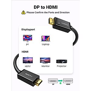 UGREEN 4K Displayport to HDMI Cable Uni-Directional UHD DP to HDMI Connector Video Display Cord for HDTV Monitor Projector Computer 16FT