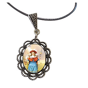 Holy Infant of Atocha Santo Niño de Atocha Silver Plated Oval Bezel Pendant Base Tray Cameo Cabochon Setting Enhanced Bale Black Corded Adjustable Mariners Necklace Cabochon Color Image Blessed Card