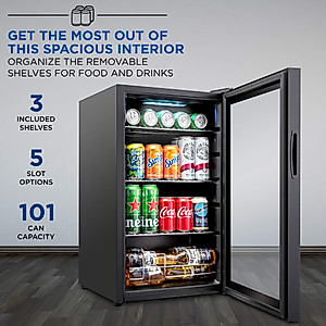 Ivation 101 Can Beverage Refrigerator | Freestanding Ultra Cool Mini Drink Fridge | Beer, Cocktails, Soda, Juice Cooler for Home & Office | Reversible Glass Door & Adjustable Shelving - Black