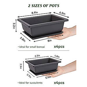 8 Packs Bonsai Training Pot with Humidity Tray - 6.5inch & 8.9inch Small Bonsai Tree Pots Kit, Plastic Plants Growing Planter with Drainage Tray, Indoor Decor Garden Yard