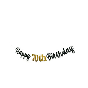 Glitter Happy 70th Birthday Banner - 70 Birthday Sign Banner - Cheers to 70 Years Birthday Party Bunting Decorations Black Pre-Assembled (Black)