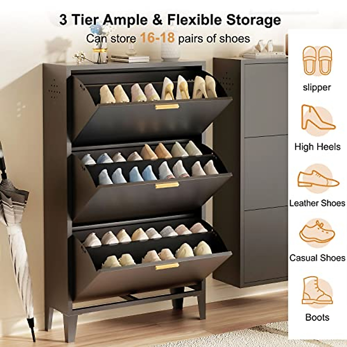 Shoe Cabinet for Entryway Slim - 3 Drawer All Steel Shoe Storage Cabinet with Flip Door & Gold Handle for Hallway, Living Room, Black