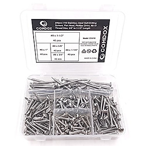 Comdox 410 Stainless Steel Self Drilling Screws Kit Set, Pan Head Phillips Sheet Metal Tek Screws Assortment Kit, Modified Truss Head, 8-18 Thread Size, 5/8" to 1-1/2" Length (Pack of 200)