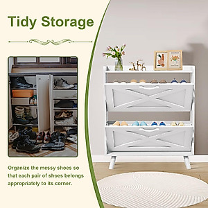 Crownland Shoe Storage Cabinet, Shoe Storage Organizer with 2 Flip-Out Drawers, Modern Two-Tier Freestanding Shoe Rack Cabinet for Entryway, Hallway, Living Room(White-Small)
