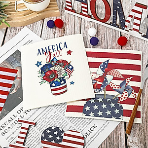 AnyDesign Happy 4th of July Swedish Dishcloths American Flag Stars Truck Gnome Kitchen Dish Towel 7x8 Patriotic Reusable Cotton Kitchen Towel for Independence Day Home Cleaning Housewarming, 6 Pack