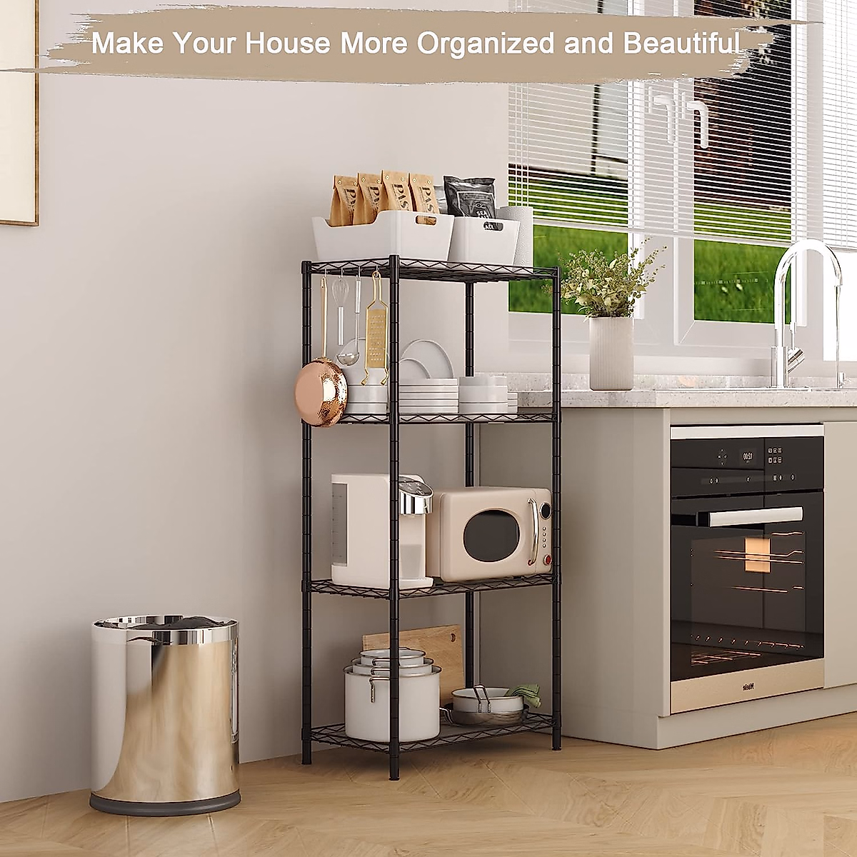 Santoy 4 Tier Metal Shelves for Storage,Shelving Unit for Kitchen, Bathroom, Pantry, Closet, and Bedroom - Strong Steel Wire Organizer Rack (Black, 21.7’’L*11.8’’W*42’’H)