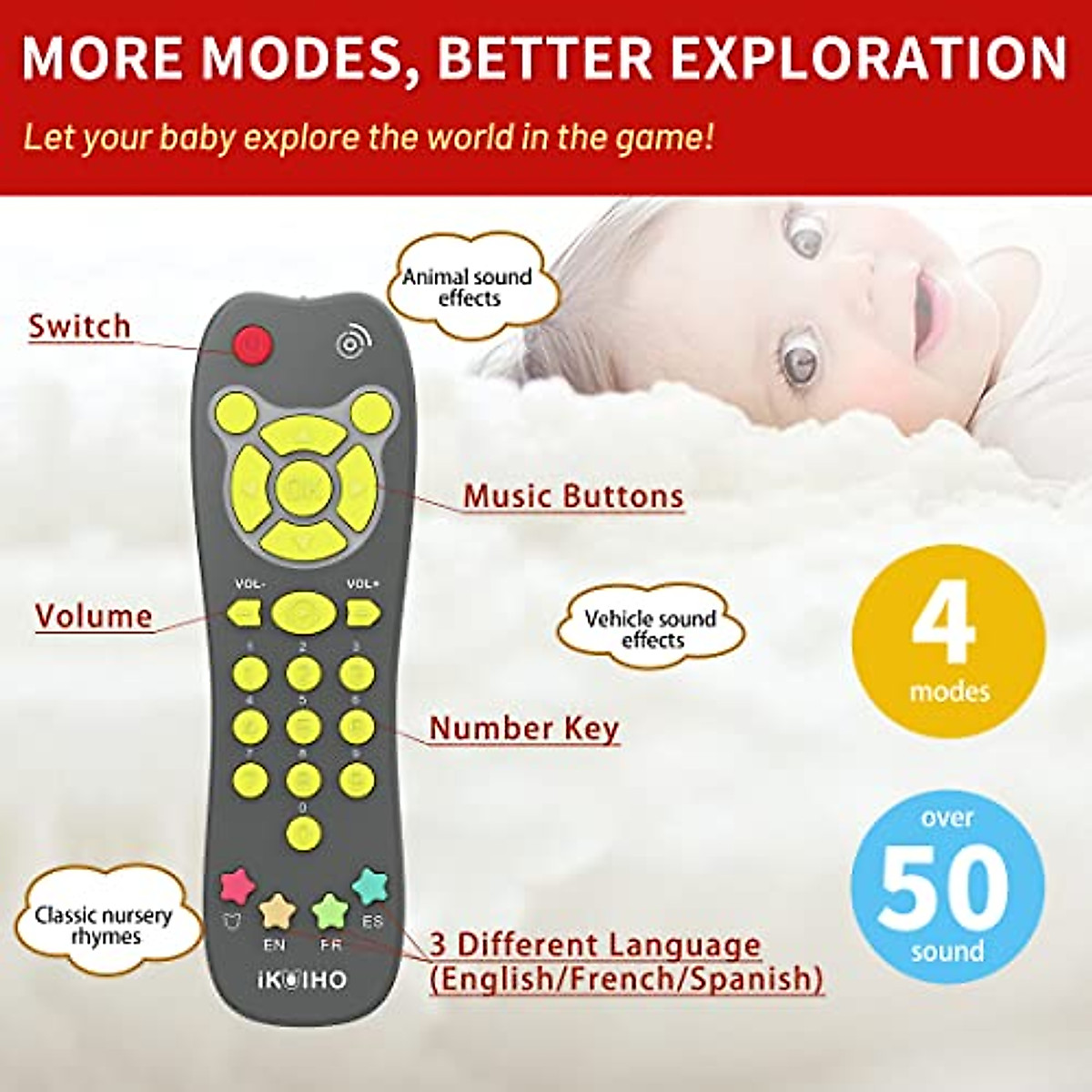 Baby Remote Control Toy with Light Sound Realistic Toddler TV Remote Toy with Adjustable Volume Kid Learning Education Musical Toys with English French Spanish Infant Gift for Boy Girl 6M+ (Gray)