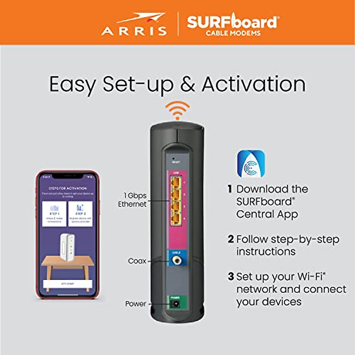 ARRIS Surfboard G34 DOCSIS 3.1 Gigabit Cable Modem & Wi-Fi 6 Router (AX3000) | Approved for Comast Xfinity, Cox, Spectrum & More | Four 1 Gbps Ports | 1 Gbps Max Internet Speeds | 2 Year Warranty