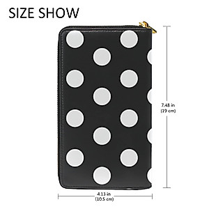 Seamless White Polka Dots on Black Dark Leather Long Wallet Organizer with Zipper Purse Clutch Bag for Women Men