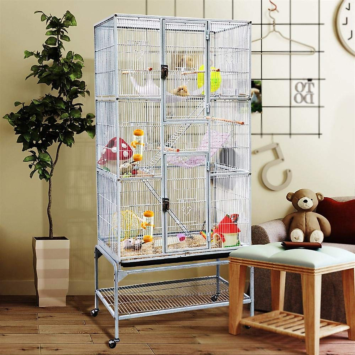 Yaheetech 69-Inch Extra Large Wrought Animal Cage Metal 3 Levels Small Animal Cage w/Cross Shelves and Ladders for Ferret Chinchilla Sugar Glider Squirrel, White