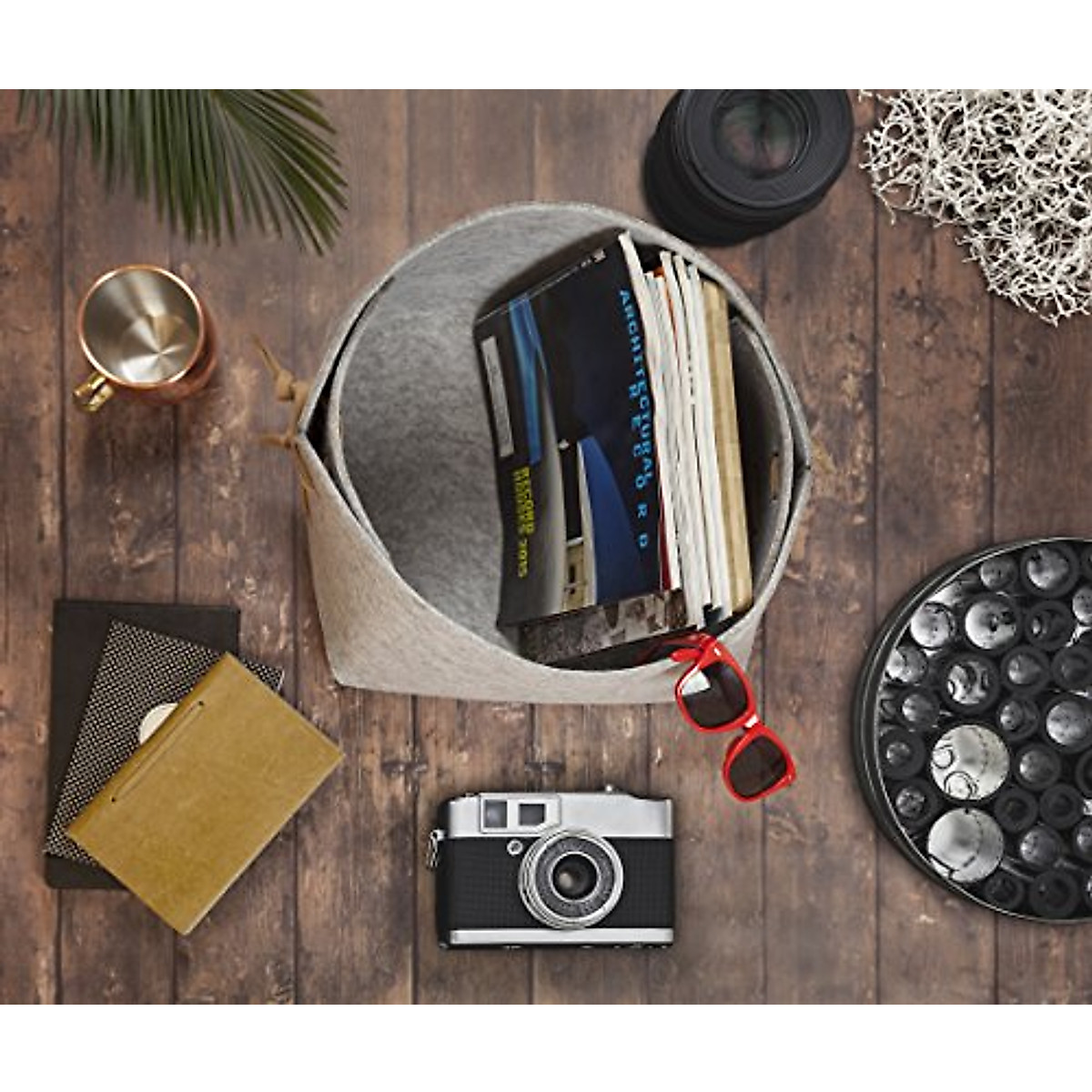 Kasefox Felt Storage Bin - Natural Tan Suede Ties - Premium Grey Felt Organizing Basket for Home, Office, Nursery, Toys, Dorm, Closet – Fits in Cube Storage Shelves - Medium