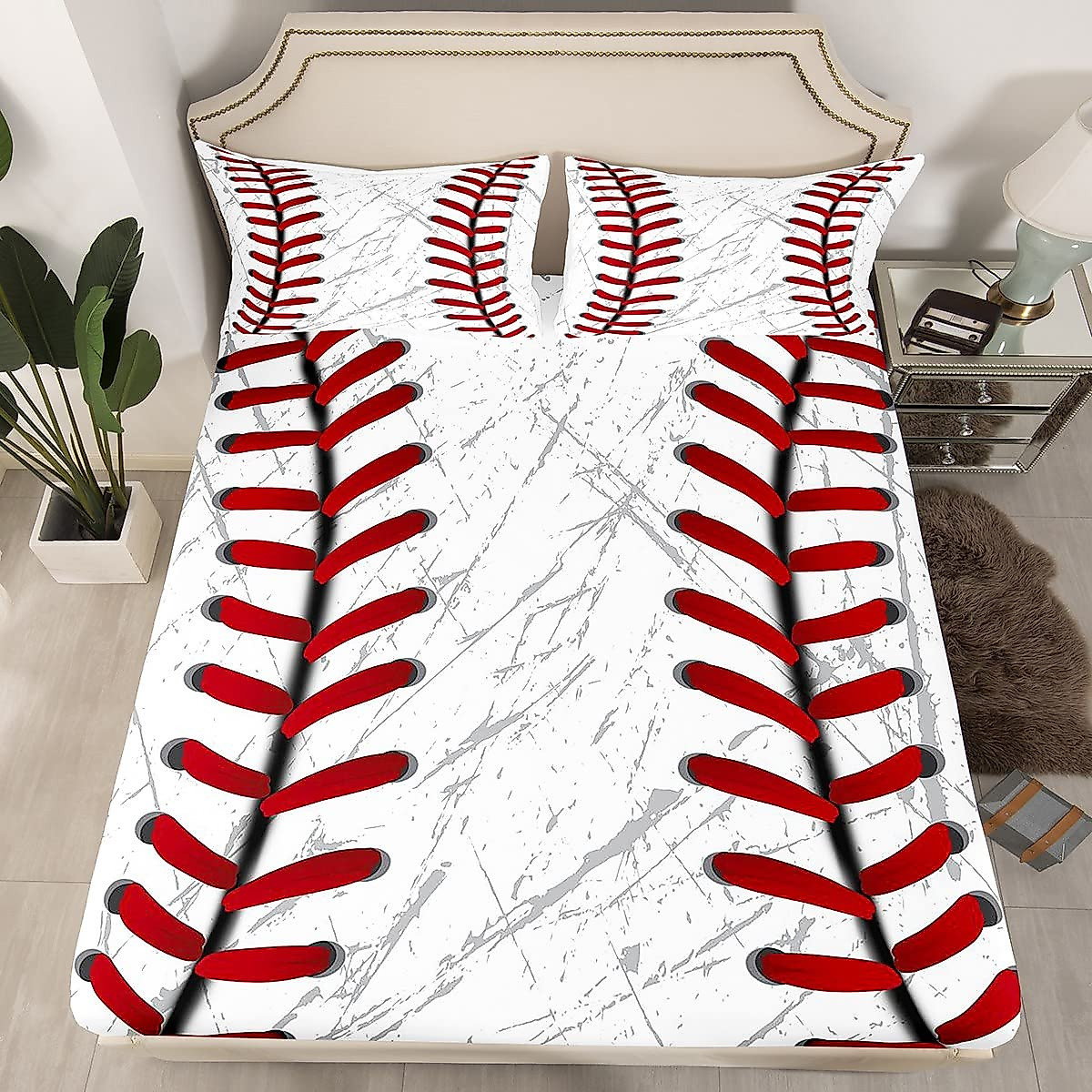 Erosebridal Baseball Bed Sheets for Boys,Red White Baseball Sheet Set for Kids,Grunge Ball Print Bedding Set,Sports Game Fitted Sheet + Top Sheet Soft + 2 Pillowcases Wrinkle Free,Full Size