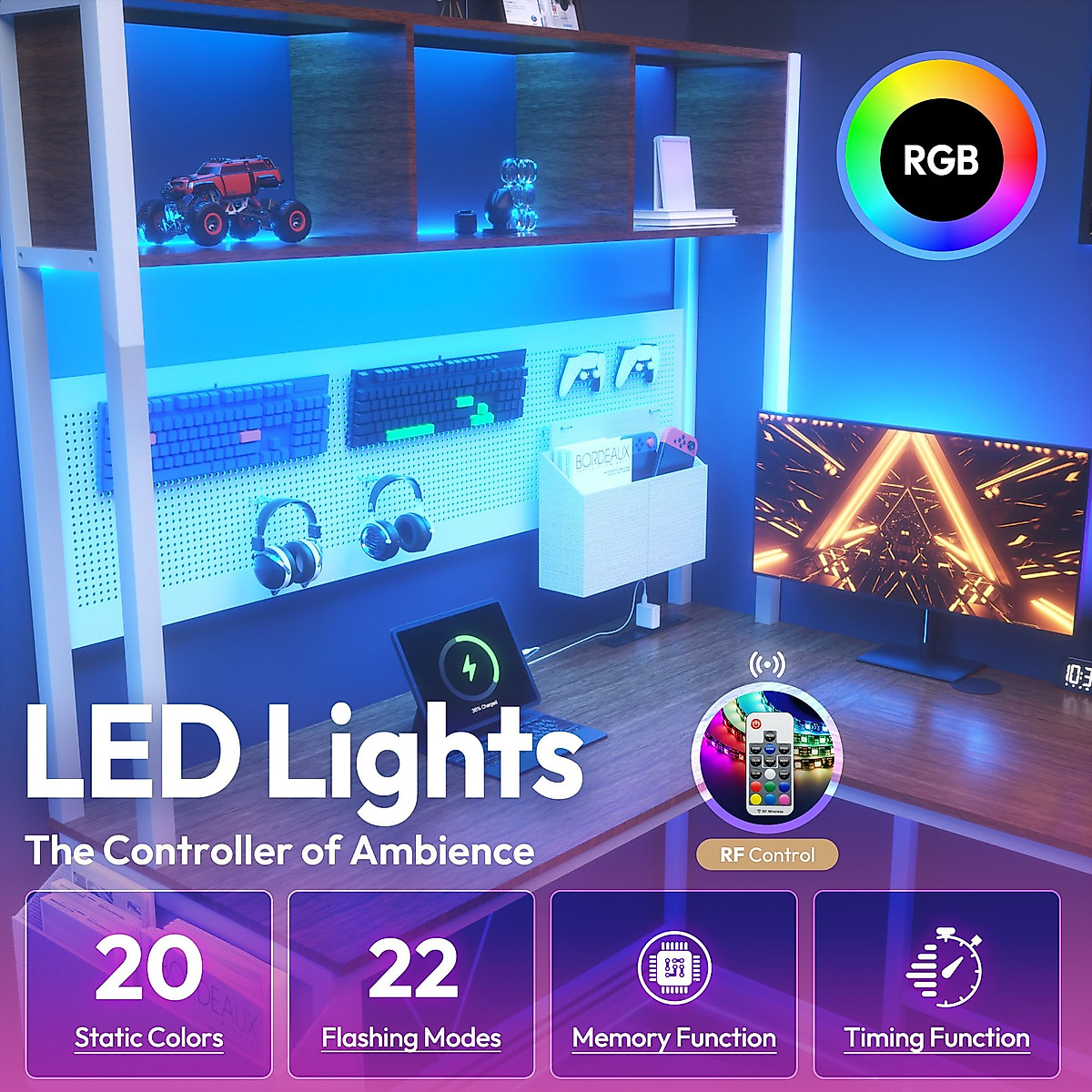 Dowinx L Shaped Desk with Pegboard and Removable Filing Cabinet, Reversible 67” Computer Gaming Desk with Power Outlet and Led, Office Corner Desk with Storage for Home Game, Brown