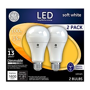 GE 65941 LED A19 Light Bulb with Medium Base, 15-Watt, Soft White, 2-Pack, 2 Count (Pack of 1)
