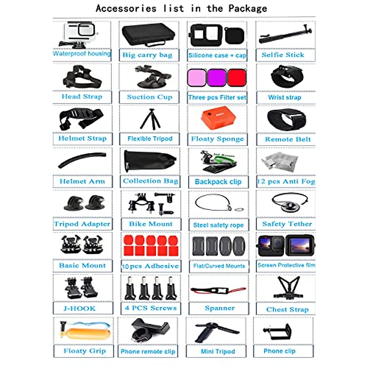 Husiway Accessories Kit for Gopro Hero 11 10 9 Black Waterproof Housing Silicone Case Glass Screen Protector Bundle for Go pro Gopro11 Gopro10 Gopro9 Hero10 Hero11 Hero9 Action Camera 62E